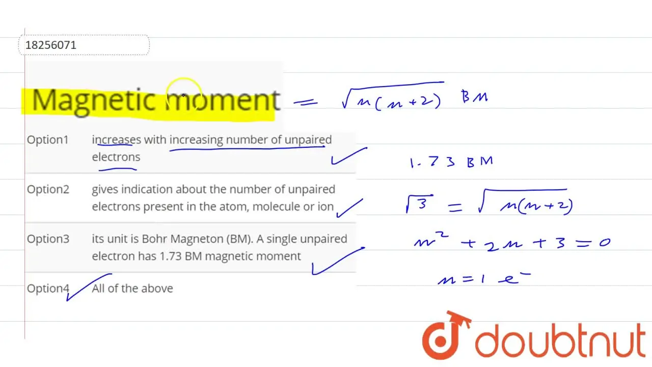 its unit is Bohr Magneton (BM). A single unpaired electron has 1.73 BM