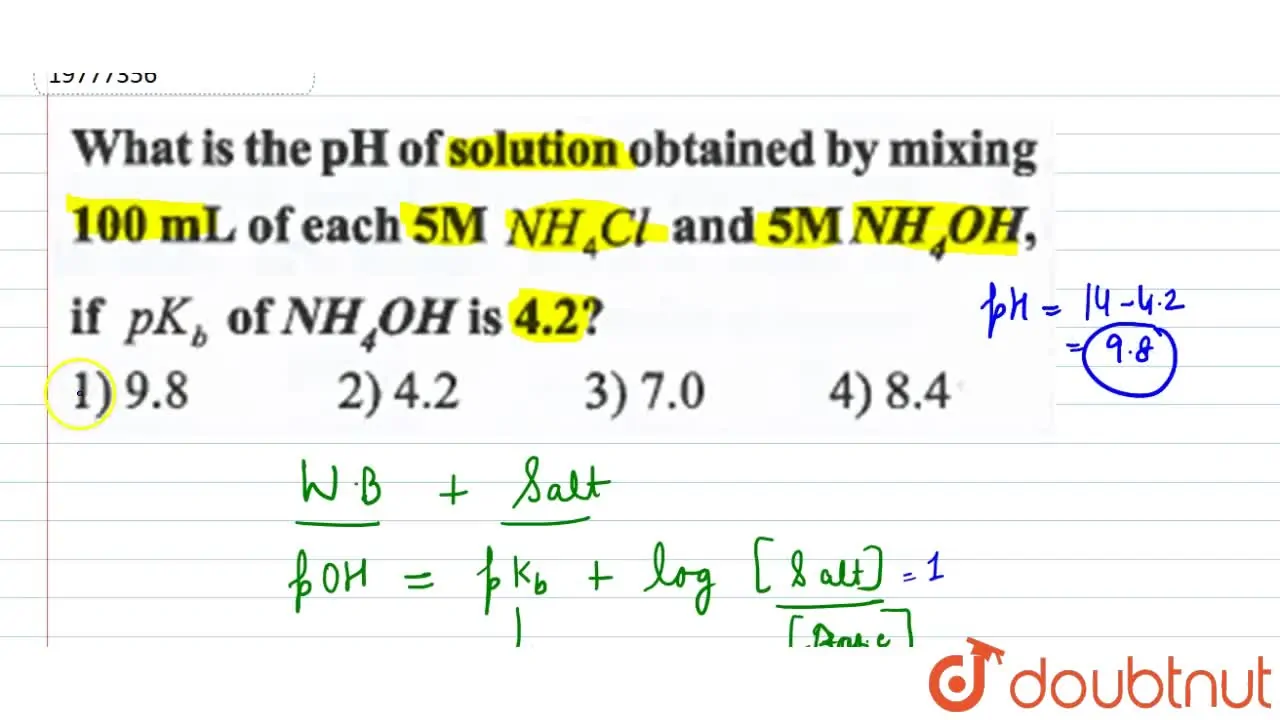 What is the pH of solution obtained by mixing 100 mL of each 0.2 M NH(