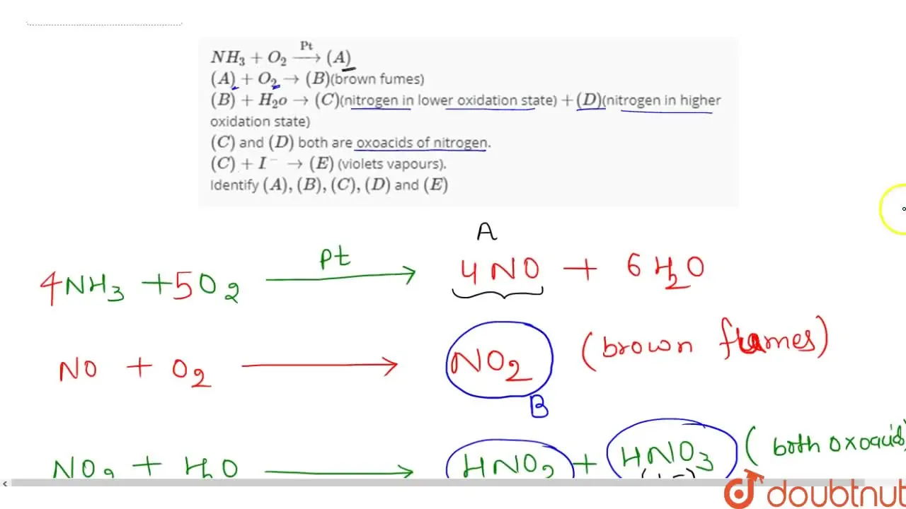 NH(3)+O(2)overset("Pt")to(A) (A)+O(2)to (B)(brown fumes) (B)+H(2)o