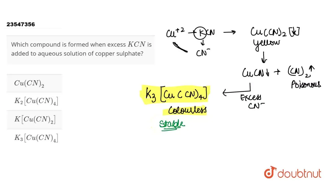 Which compound is formed when excess KCN is added to aqueous solution
