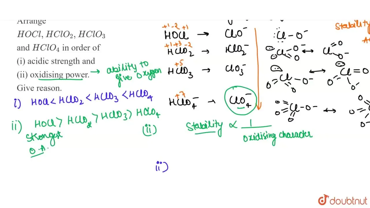 Arrange HOCl, HClO(2), HClO(3) and HClO(4) in order of (i) acidic stre