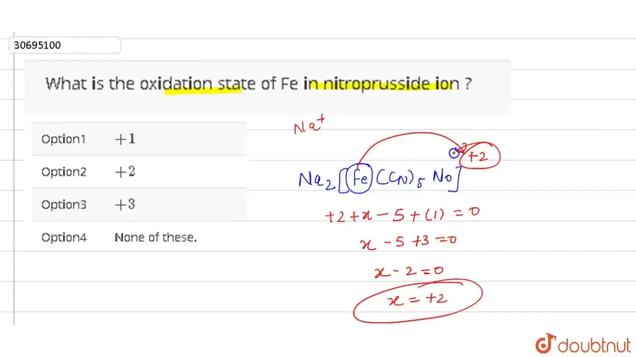 What is the oxidation state of Fe in nitroprusside ion