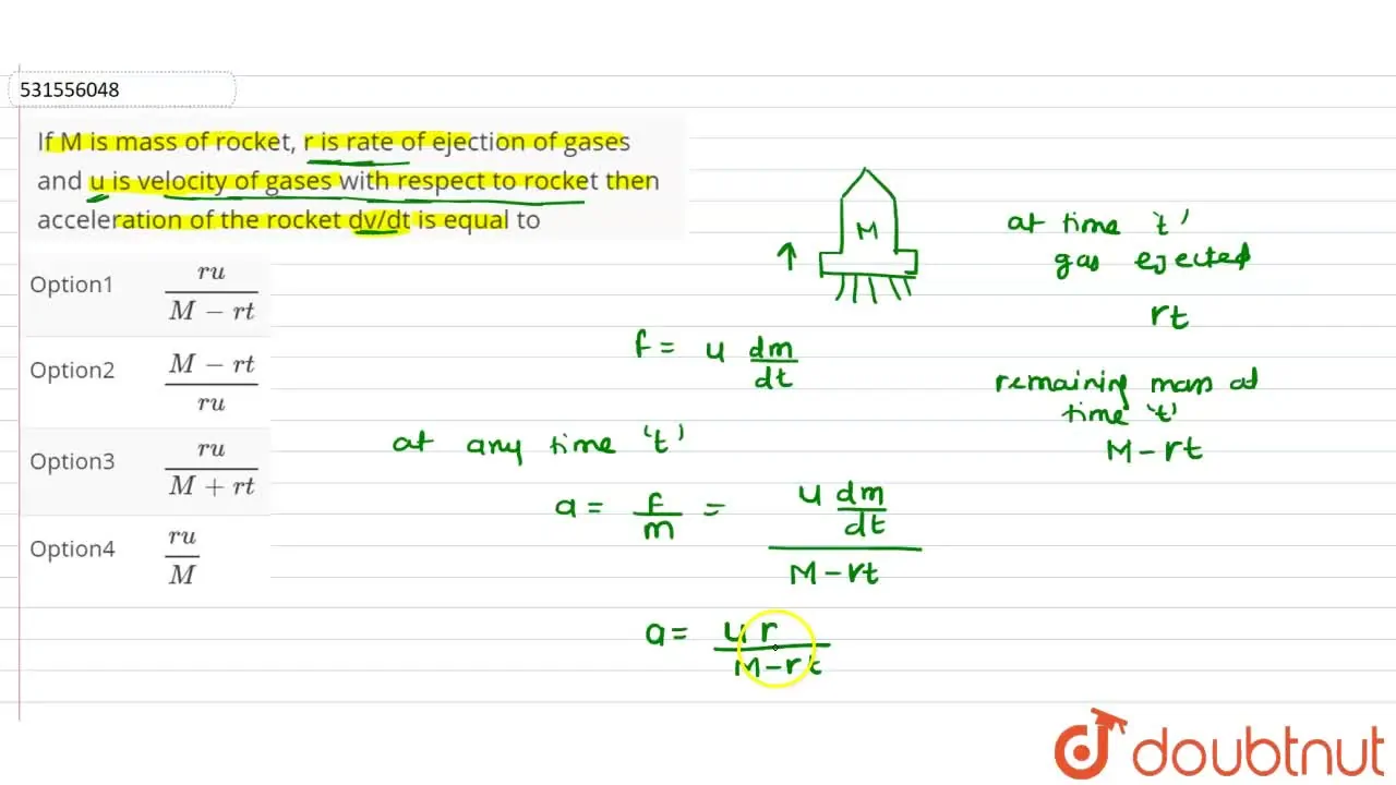 If M is mass of rocket, r is rate of ejection of gases and u is veloci