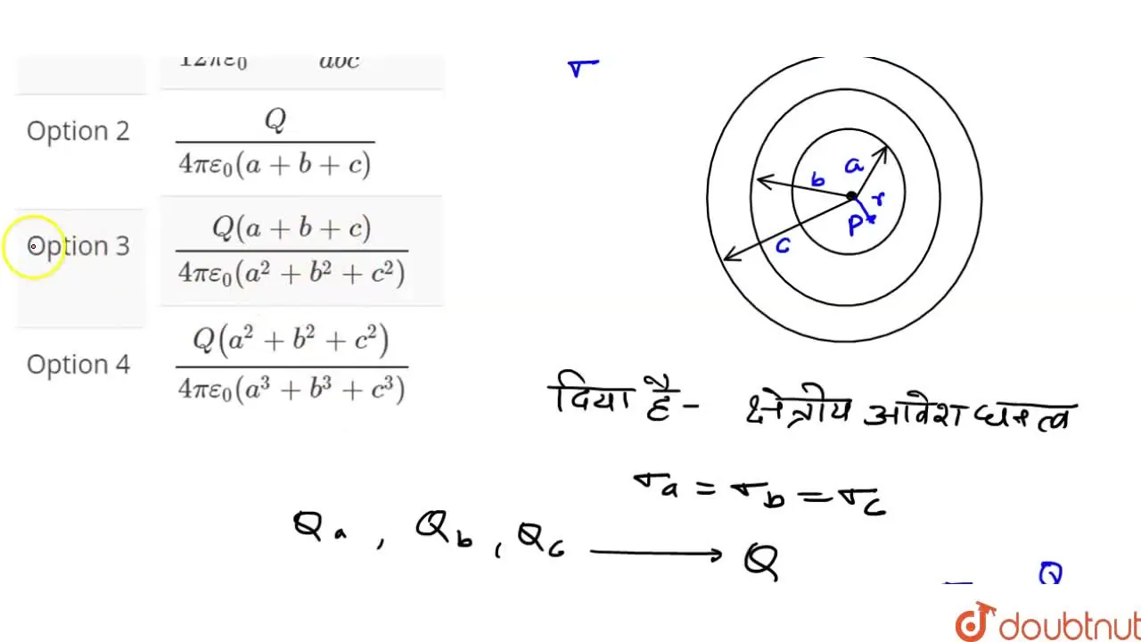 (Q(a+b+c))/(4 pi epsilon(0)(a^(2)+b^(2)+c^(2)))