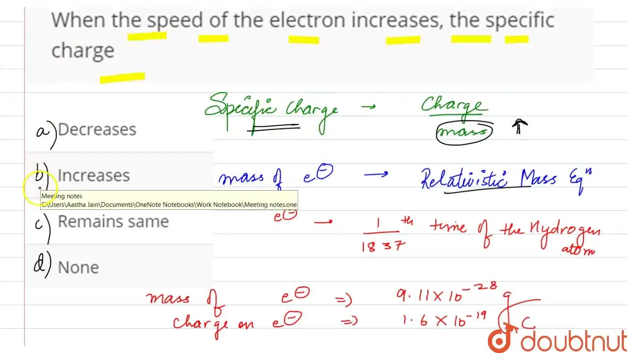 When the speed of the electron increases, the specific charge