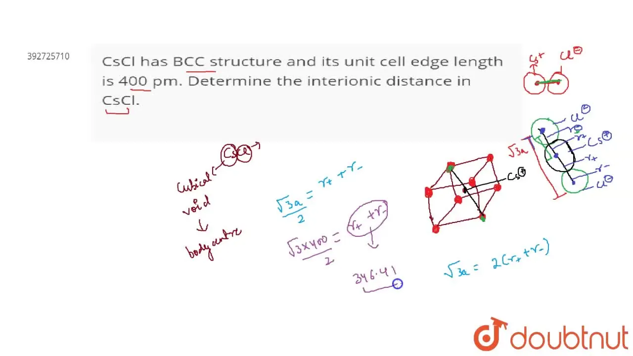 CsCl has BCC structure and its unit cell edge length is 400 pm. Determ