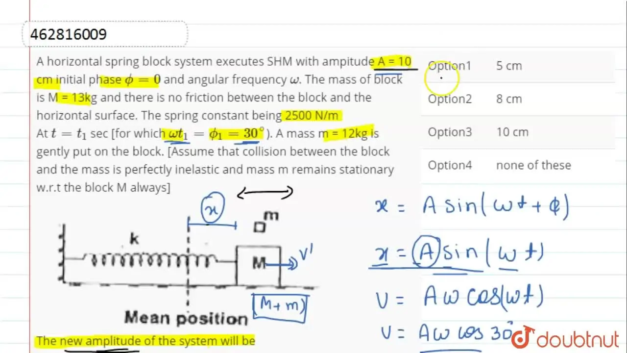 A horizontal spring block system executes SHM with ampitude A = 10 cm