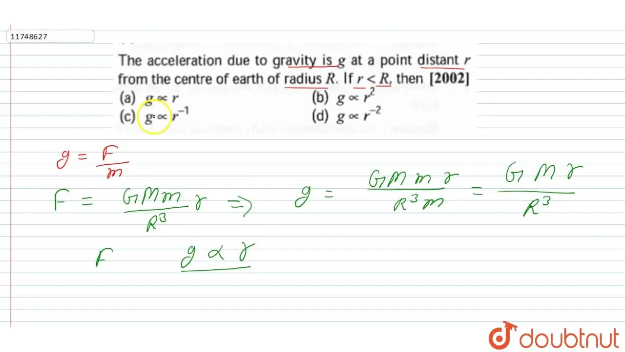 The acceleration due to gravity is g at a point distant r from the cen