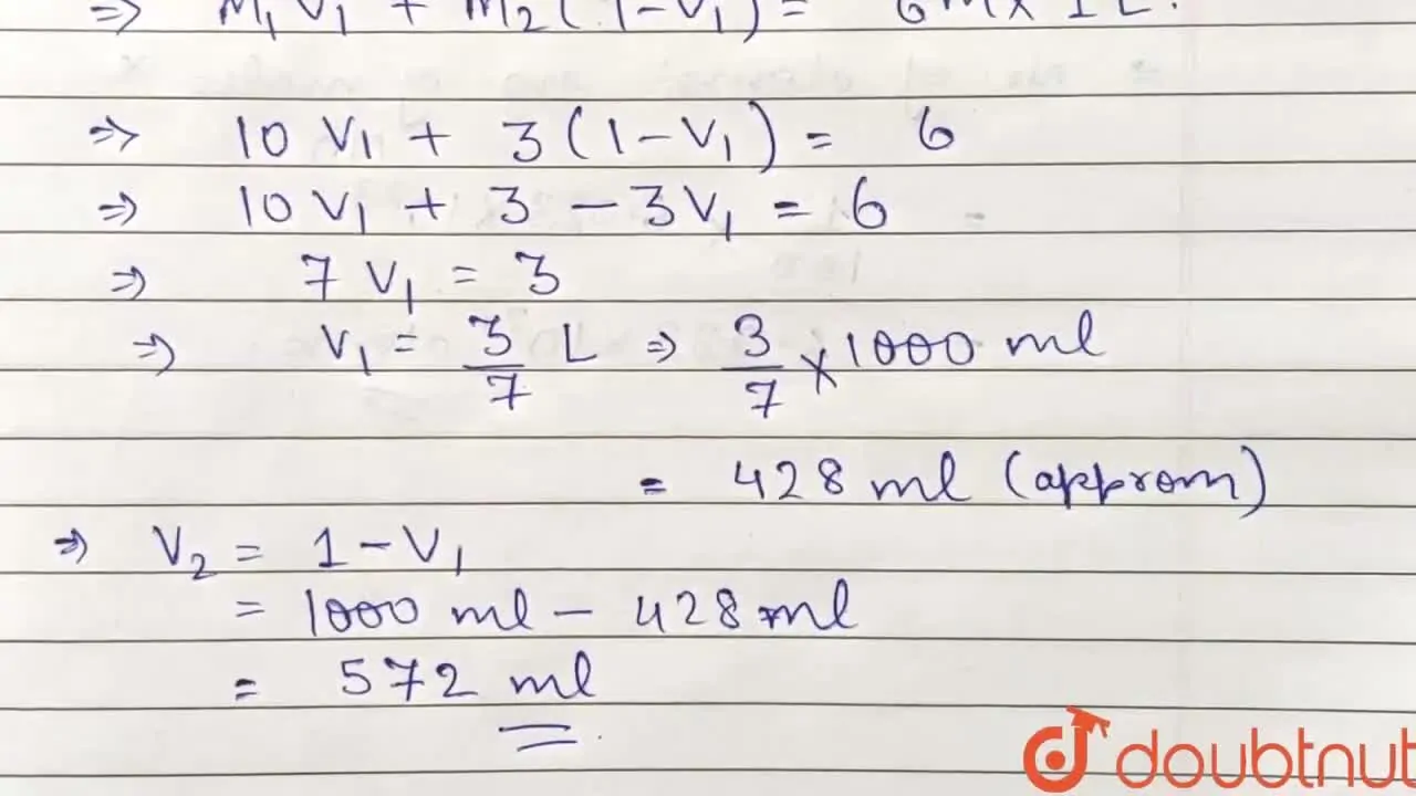 What volumes of 10 M HCl and 3 M HCl should be mixed to get 1L of 6 M