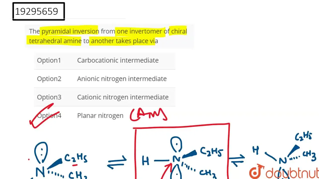 The pyramidal inversion from one invertomer of chiral tetrahedral amin