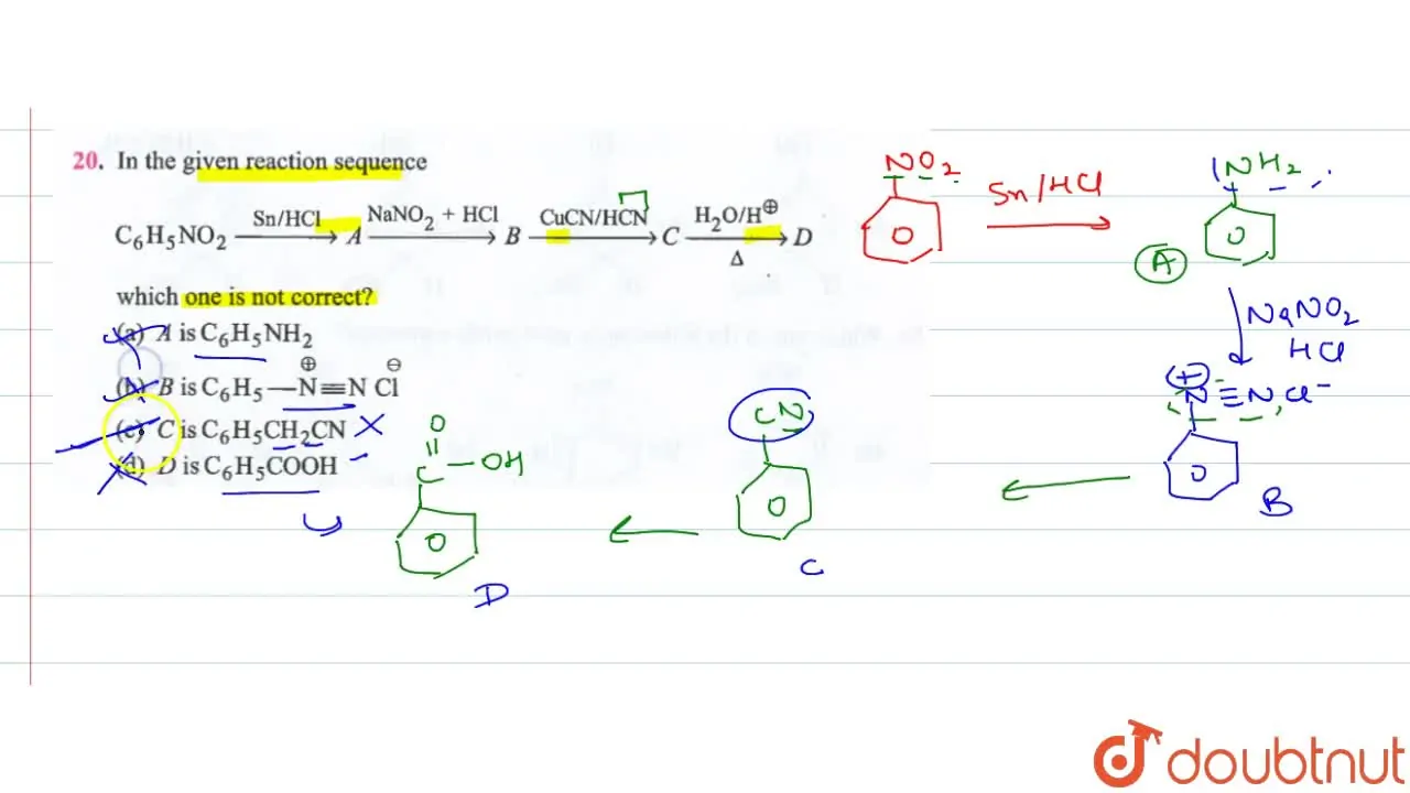 In the given reaction sequence C(6)H(5)NO(2)overset(Sn//HCl)to A ove