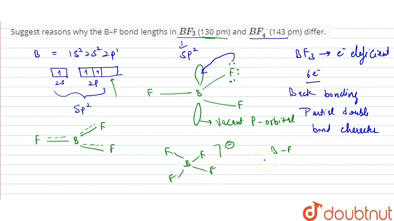 Suggest reasons why the B–F bond lengths in BF(3) (130 pm) and BF(4 )^