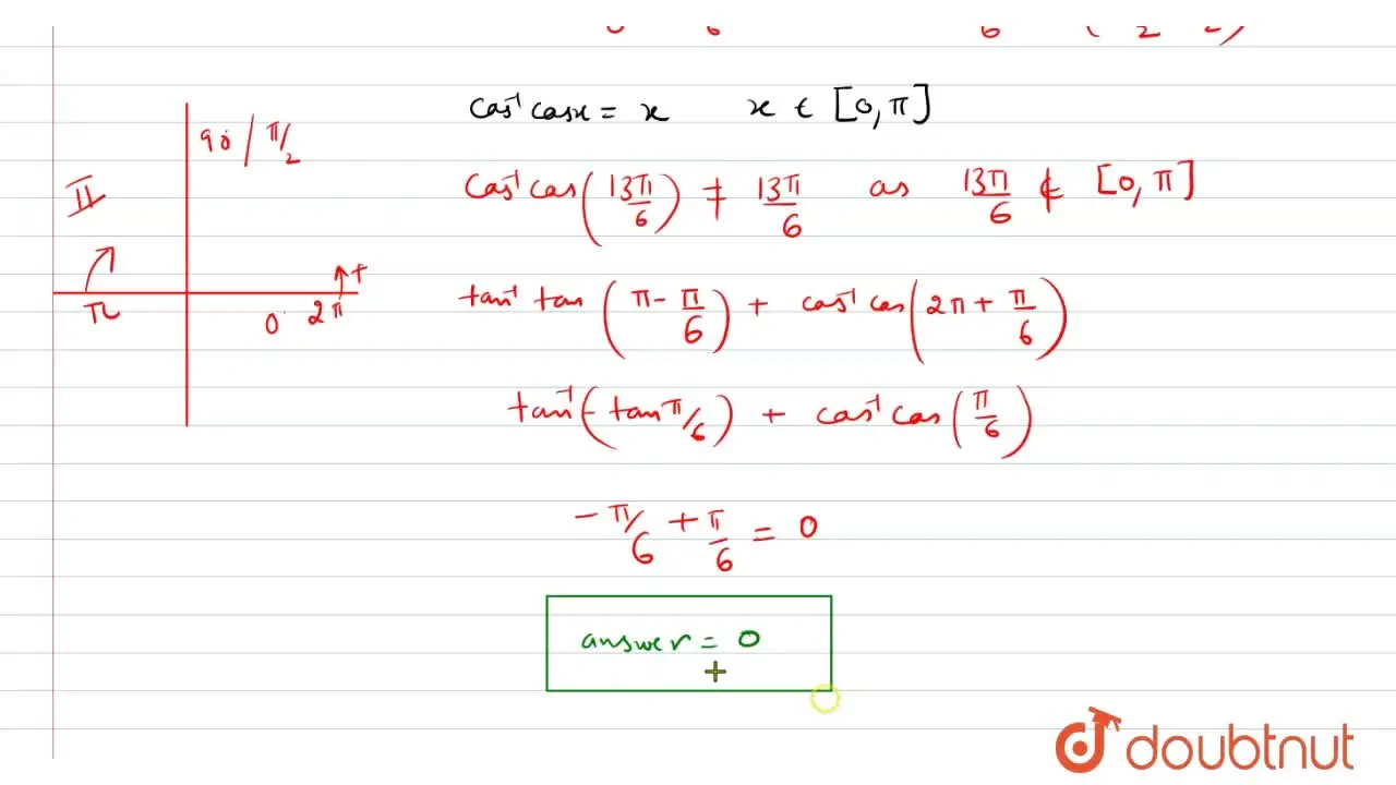 Evaluate: tan^(-1)(tan(5pi)/6)+cos^(-1){cos((13pi)/6)}