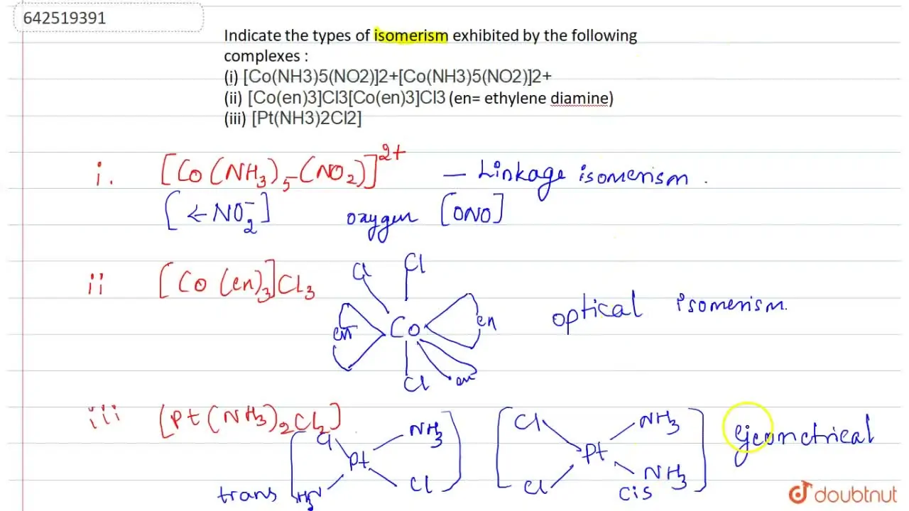 Indicate the types of isomerism exhibited by the following complexes
