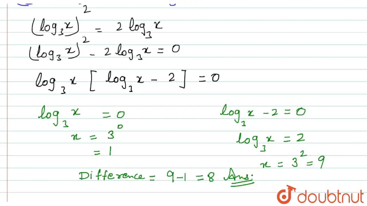 The difference of roots of the equation ((log)(27)x^3)^2=(log)(27)x^6