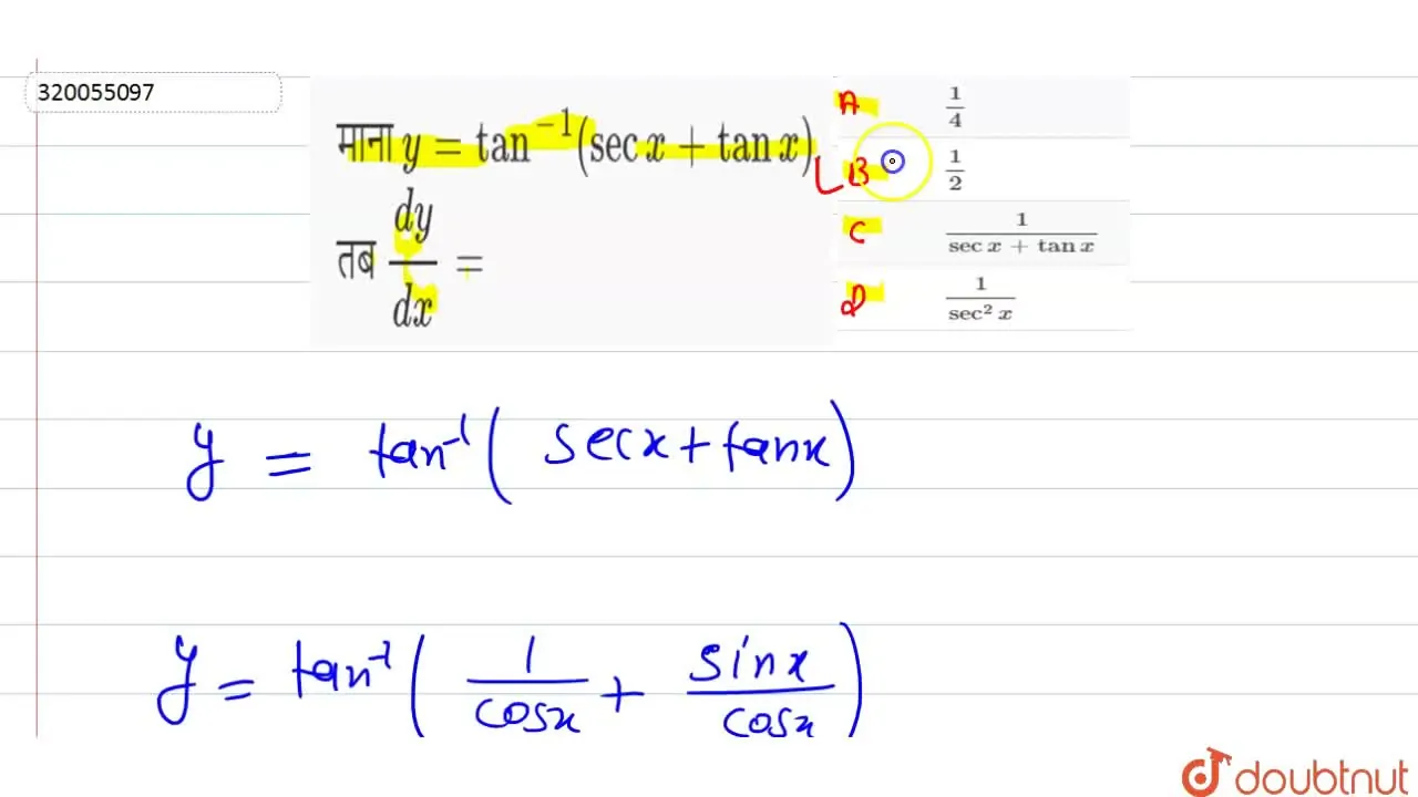 (d)/(dx)tan^(-1)(secx+tanx)=