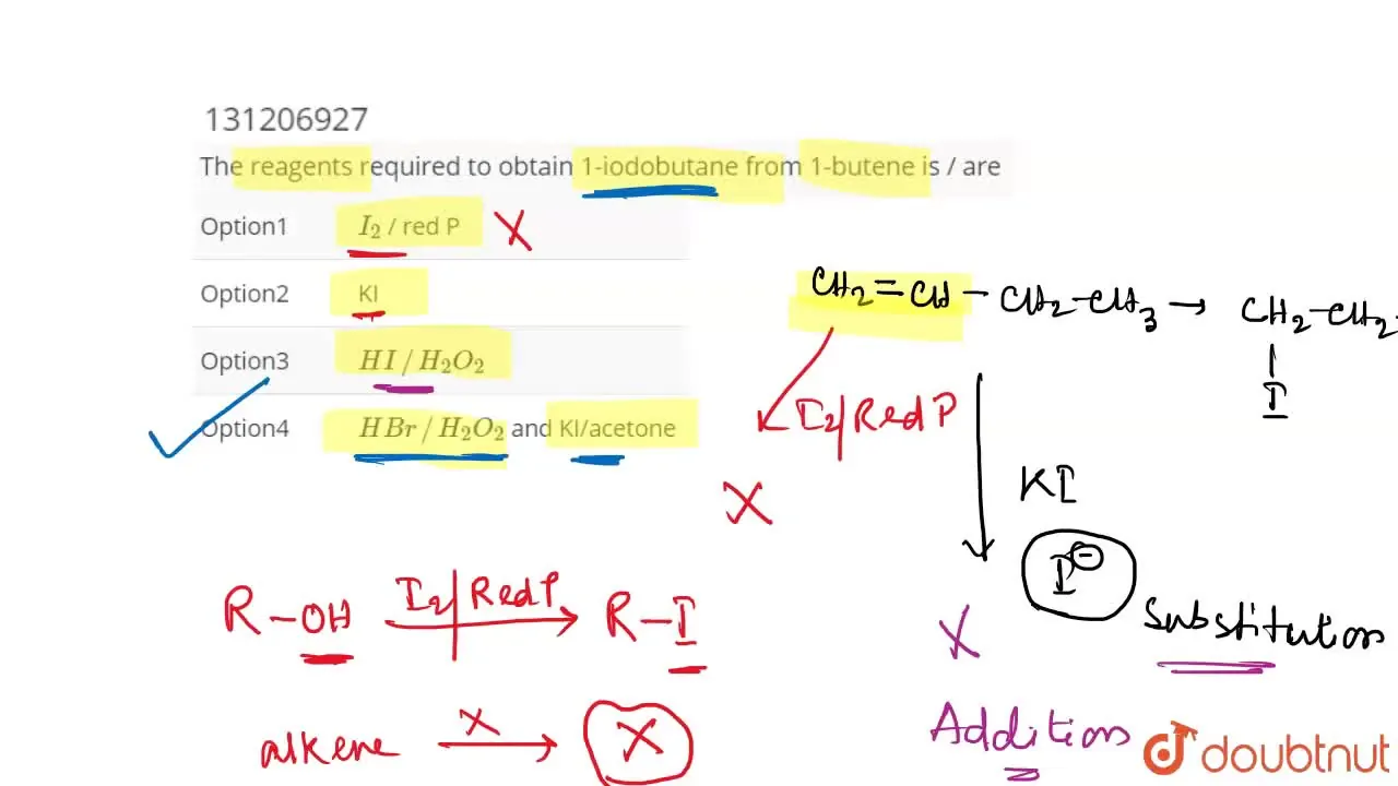 The reagents required to obtain 1-iodobutane from 1-butene is / are