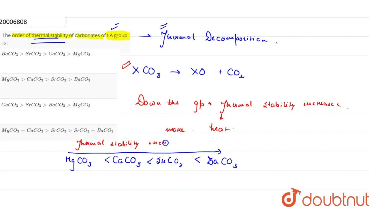 The order of thermal stability of carbonates of IIA group is
