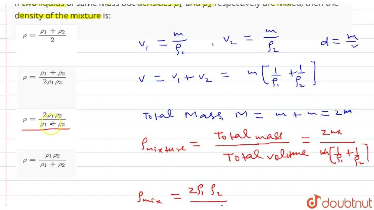 If two liquids of same mass but densities rho1 and rho2 respectively a