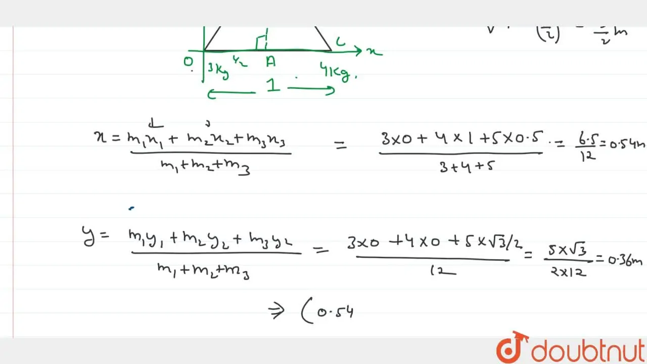 Three masses 3,4 and 5 kg are located at the corners of an equilateral