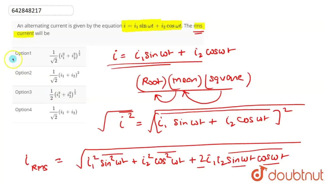 An alternating current is given by the equation i=i1sinomegat+i2cosome