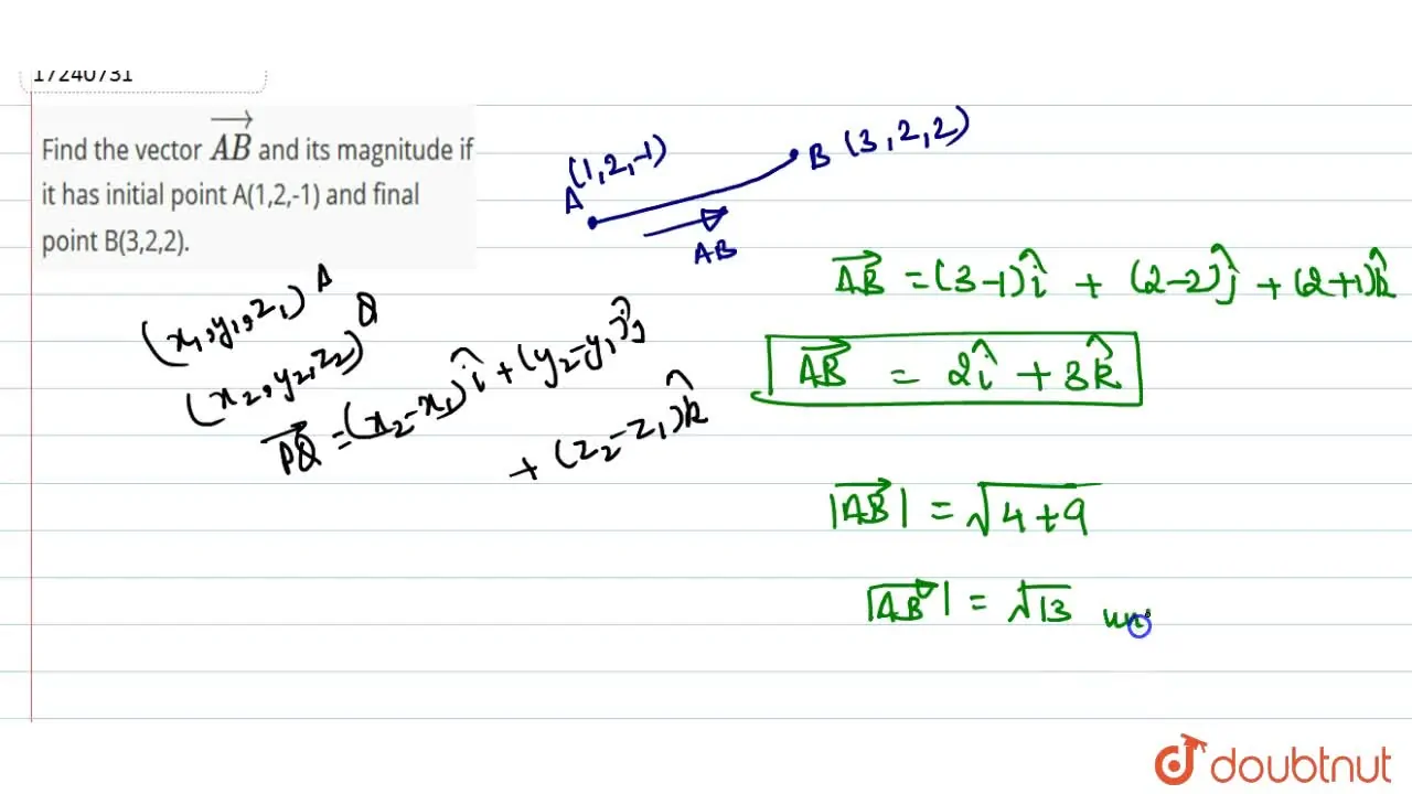 Find the vector vec(AB) and its magnitude if it has initial point A(1,
