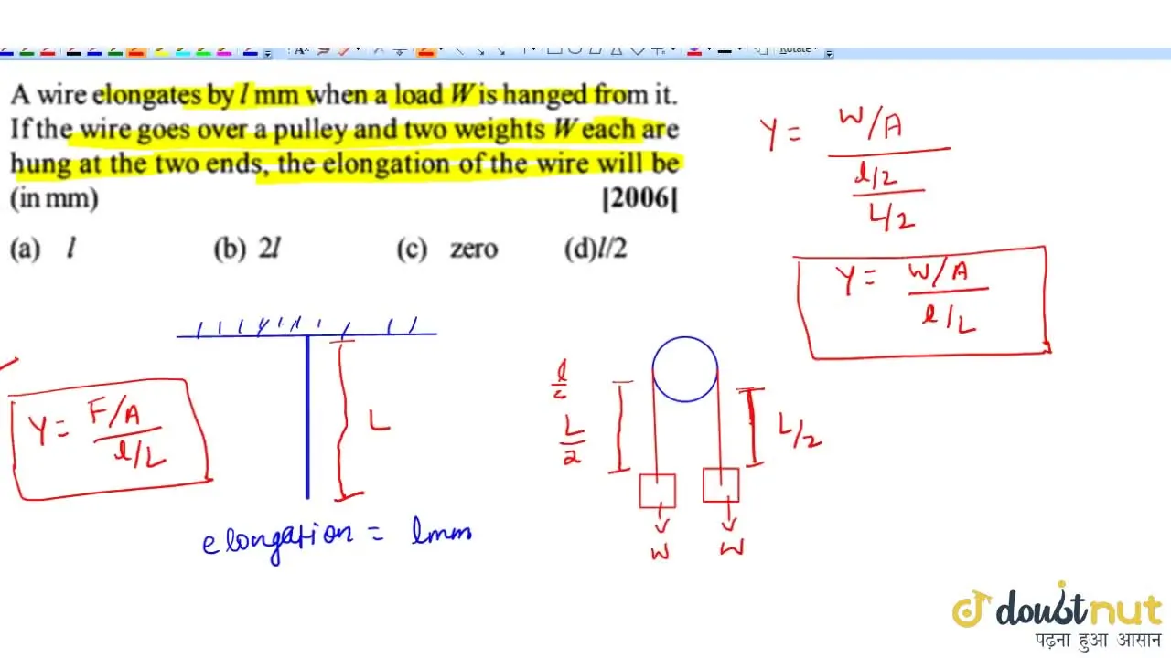 A wire elongates by l mm when a load W is hanged from it. If the wire