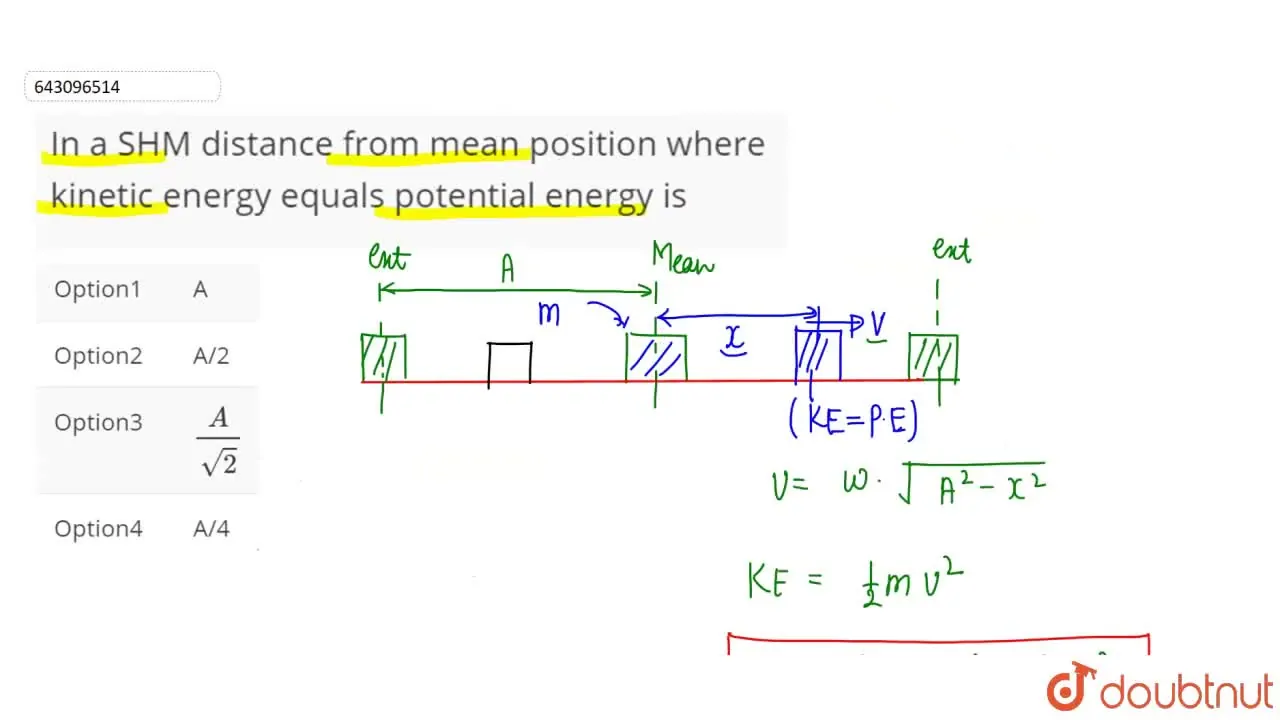 In a SHM distance from mean position where kinetic energy equals poten