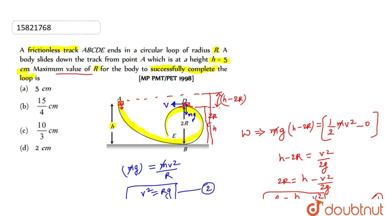 A frictionless track ABCDE ends in a circular loop of radius R . A bod