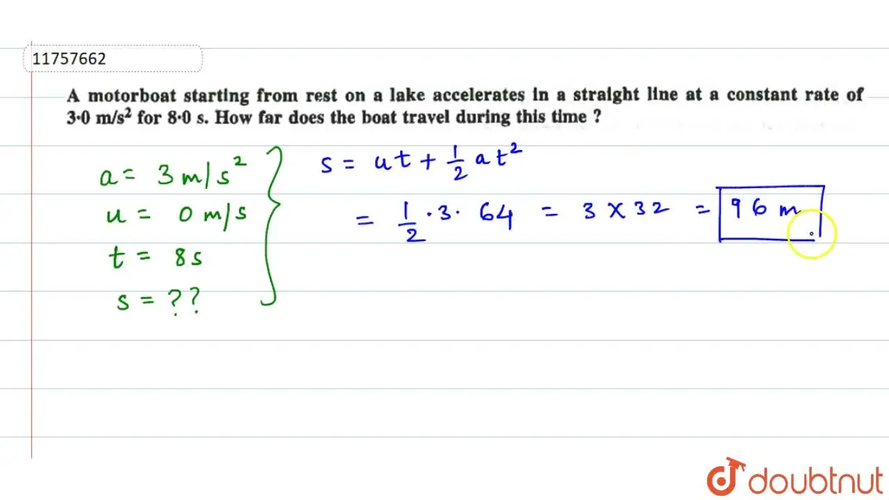 A motorboat starting from rest on a lake accelerates in a straight lin