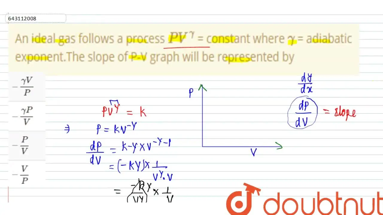 An ideal gas follows a process PV^(gamma) = constant where gamma = adi