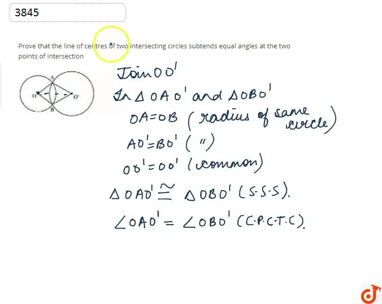 Prove that the line of centres of two intersecting circles subtends