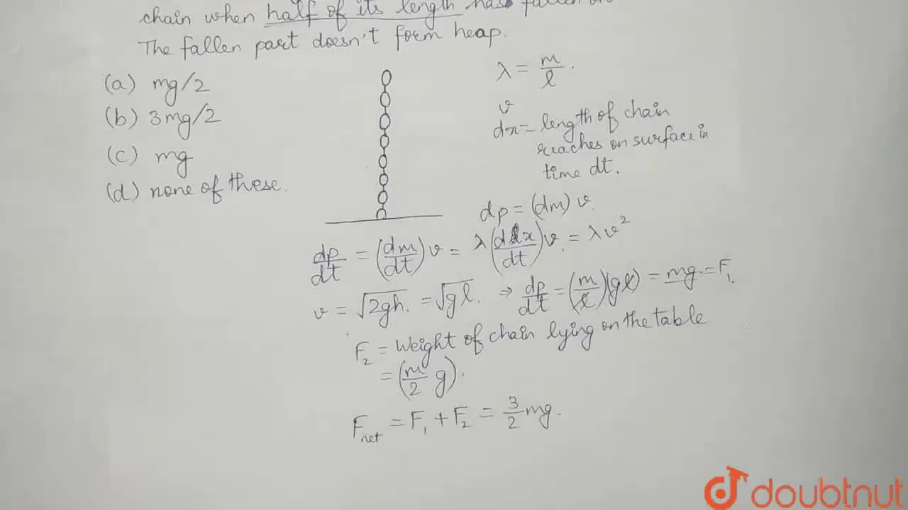 A uniform chain of mass m and length l hangs on a thread and touches t