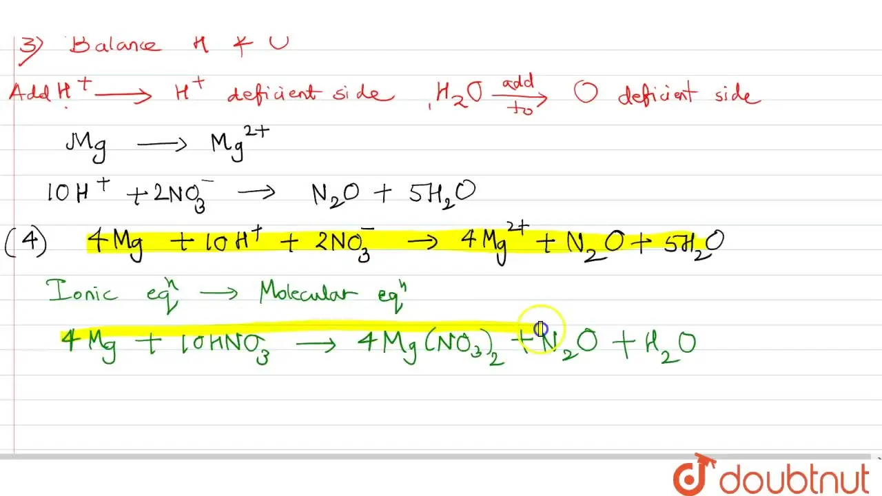 [Gujrati] Balance the equations Mg + NO3^(-) to Mg^(2+) + N2O + H2O)