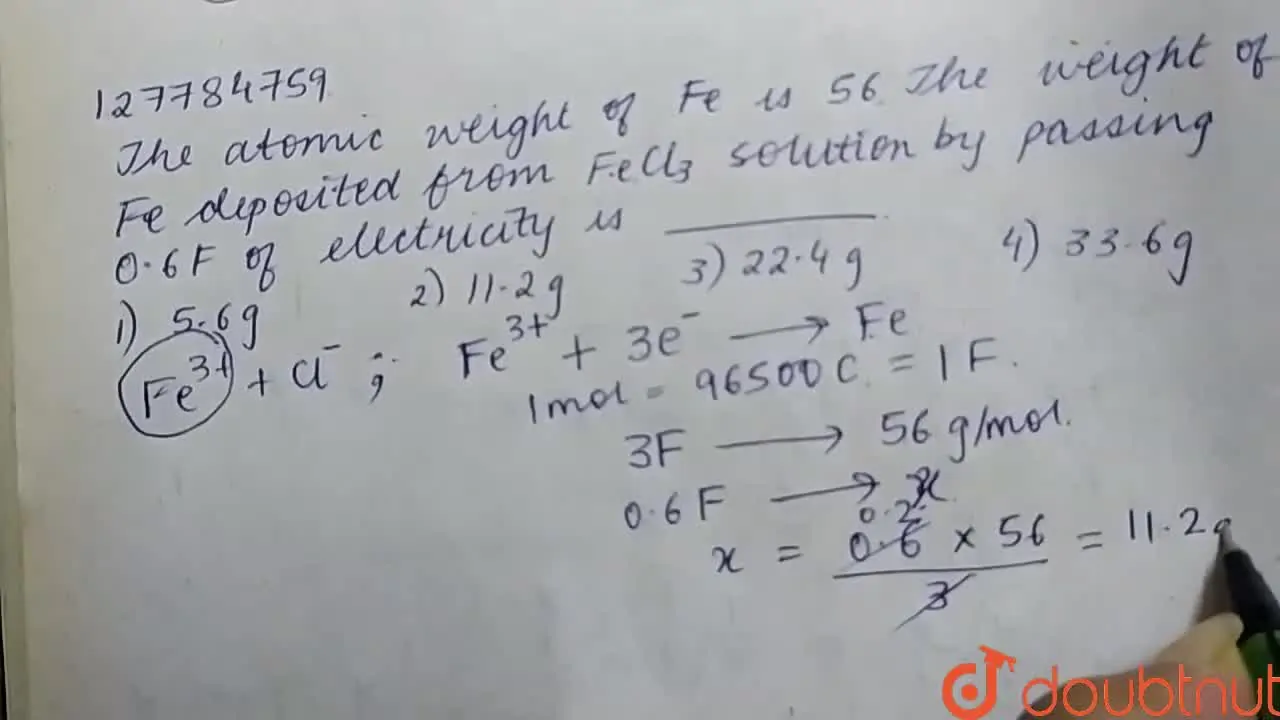 The atomic weight of Fe is 56. The weight of Fe deposited from FeCl(3)