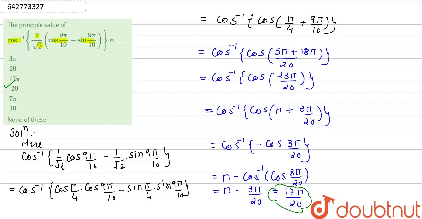 [Gujrati] The principle value of cos^(-1){1/sqrt2("cos"(9pi)/10-"sin