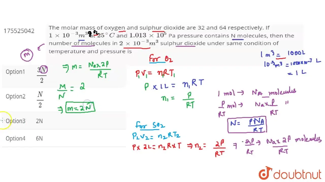 The molar mass of oxygen and sulphur dioxide are 32 and 64 respectivel
