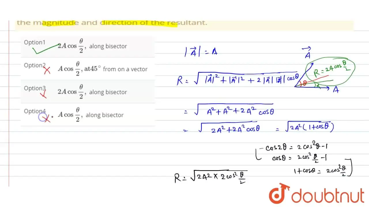 2A cos"" (theta)/(2), along bisector