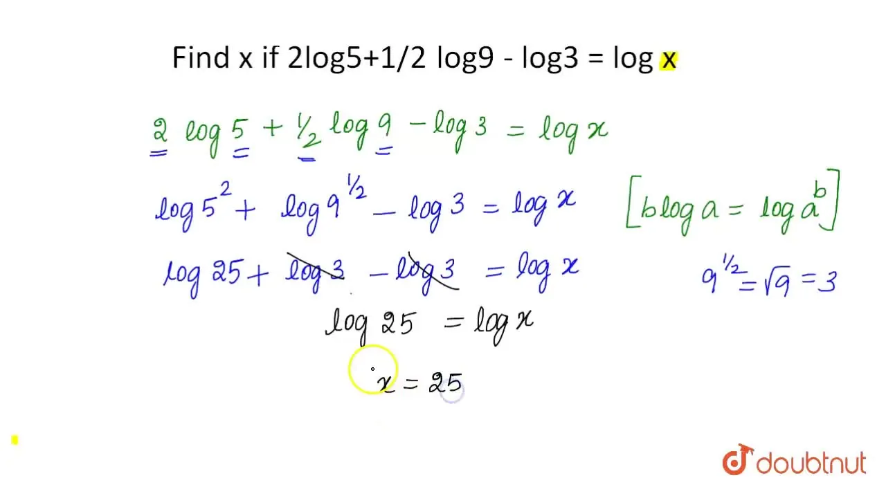[Tamil] Find x if 2log5+1/2 log9 - log3 = logx