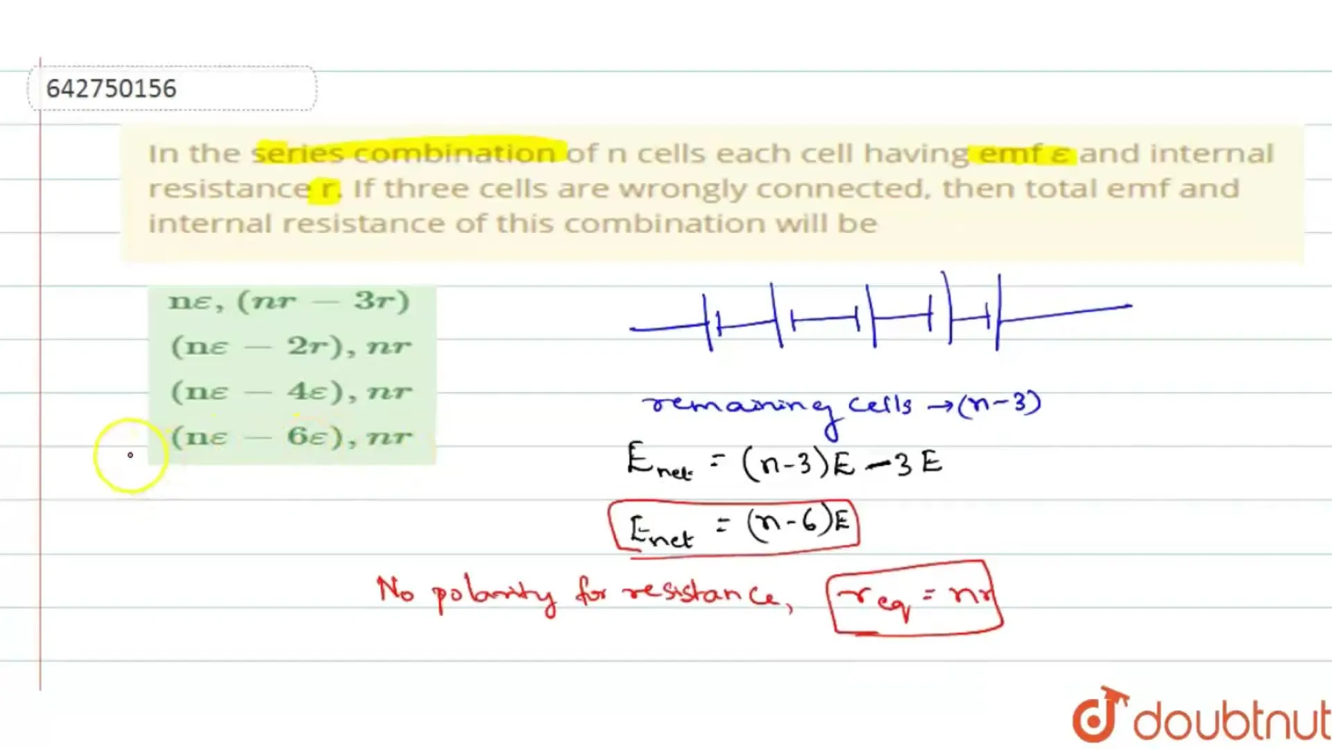 In the series combination of n cells each cell having emf epsilon and