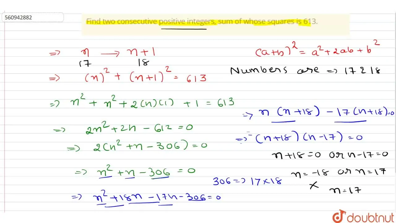 [Gujrati] Find two consecutive positive integers, sum of whose squares