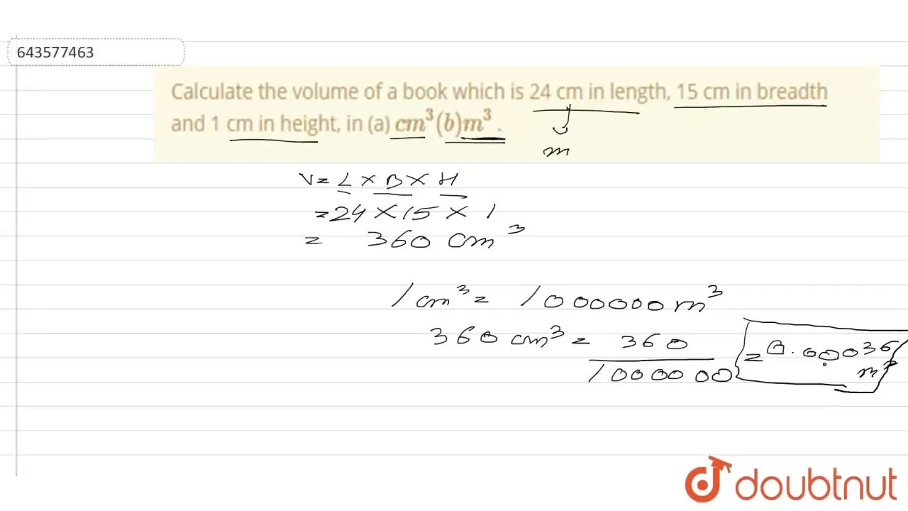 Calculate the volume of a book which is 24 cm in length, 15 cm in brea