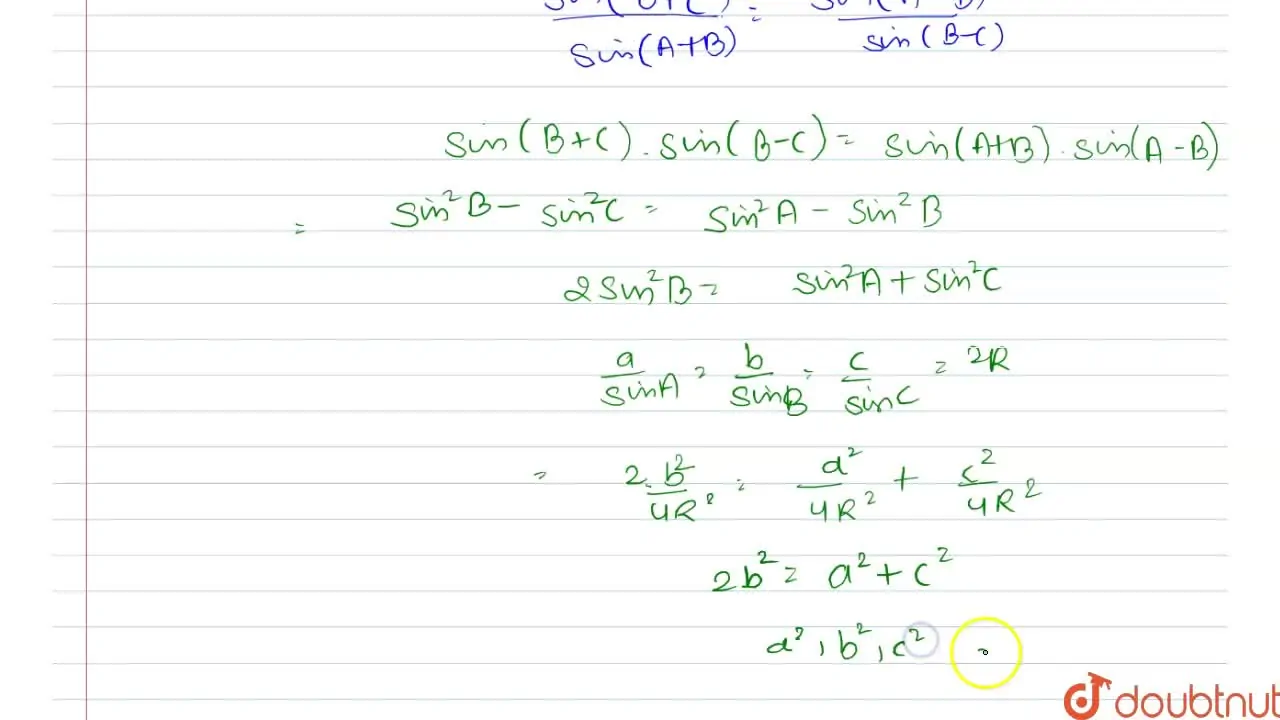 If (sinA)/(sinC)=(sin(A-B))/(sin(B-C)), prove that a^(2), b^(2), c^(2)