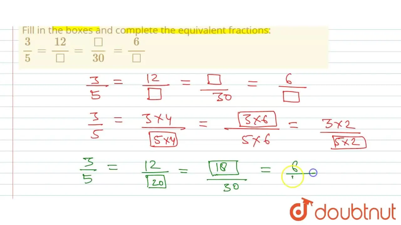 Fill in the boxes and complete the equivalent fractions: 3/(5)=12/(s