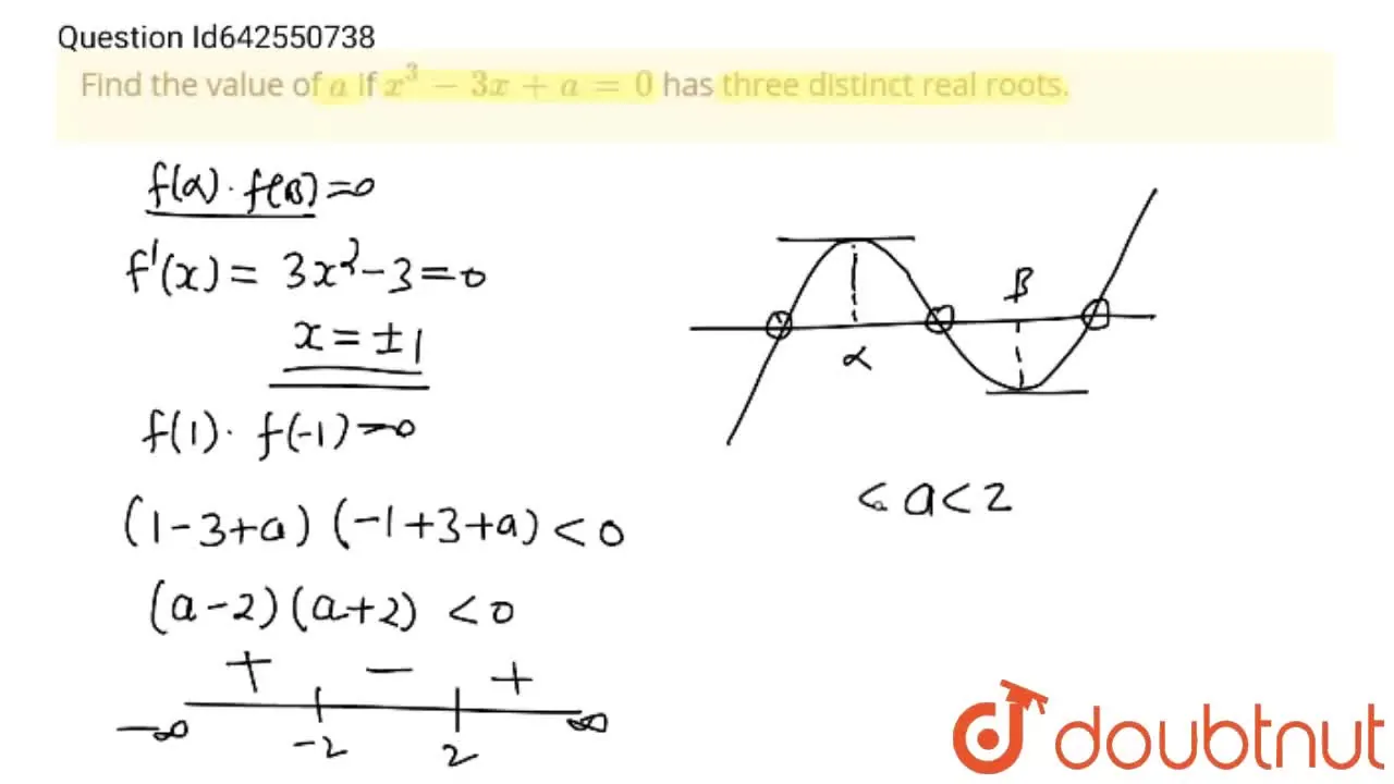 Find the value of a if x^3-3x+a=0 has three distinct real roots.
