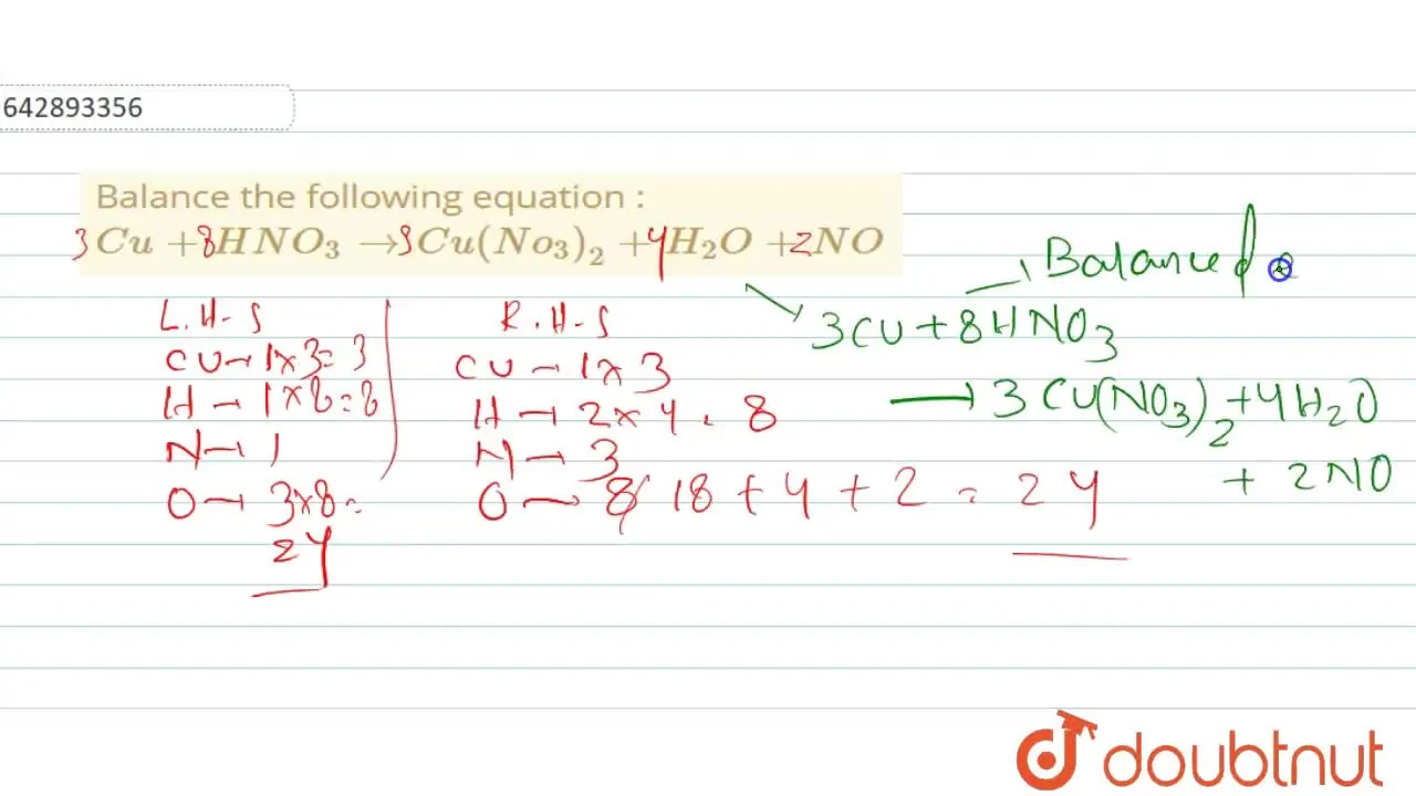 [Odia] Balance the following equation : Cu+HNO3 rarr Cu(No3)2 + H2O +N