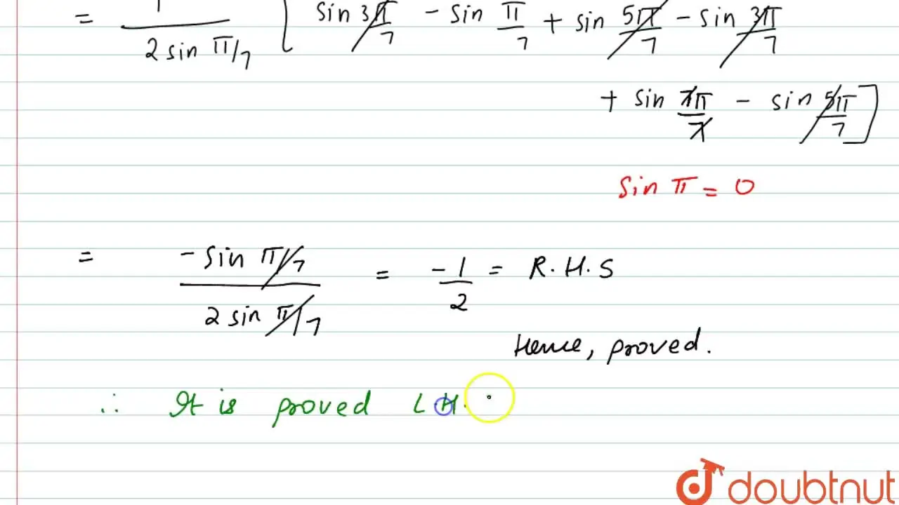 Prove that cos ((2pi)/7)+ cos ((4pi)/7) + cos ((6pi)/7) = - 1/2