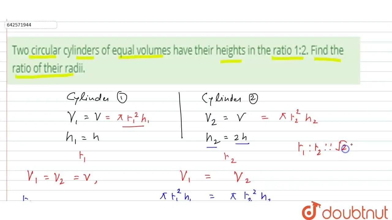 Two right circular cylinders of equal volumes have their heights in