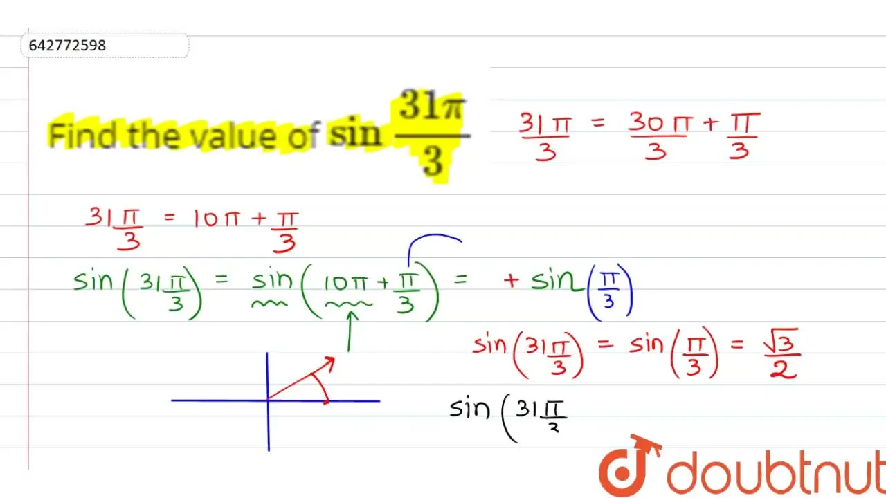 [Gujrati] Find the value of sin""(31pi)/(3)