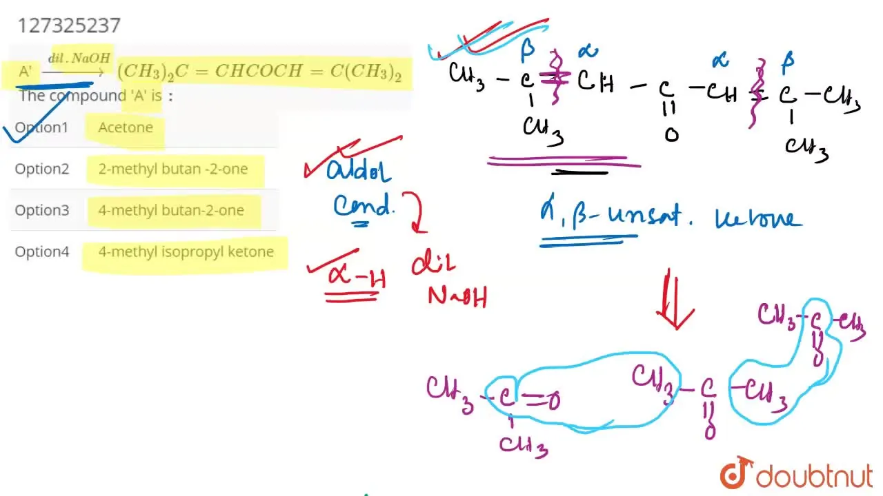 A' overset(dil. NaOH)(rarr)(CH(3))(2)C= CHCOCH=C(CH(3))(2) The comp